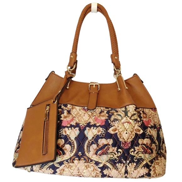 Black Rivet | Bags | Black Rivet Brown And Quilted Floral Tote Handbag ...